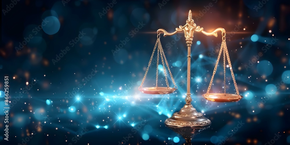 Digital law scales in data center background symbolizing justice in ...