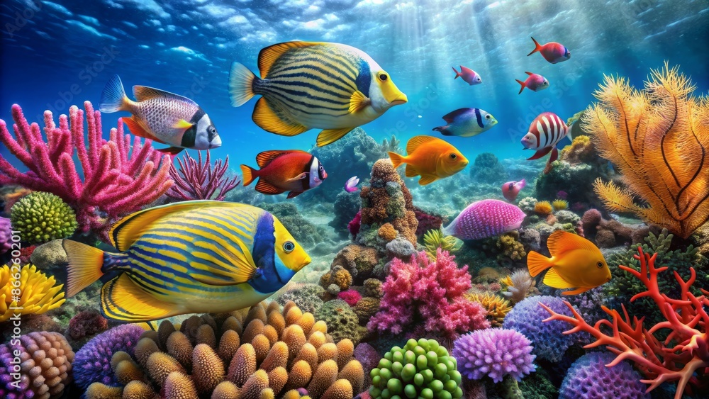Vibrant coral reef scene featuring diverse marine life, including ...