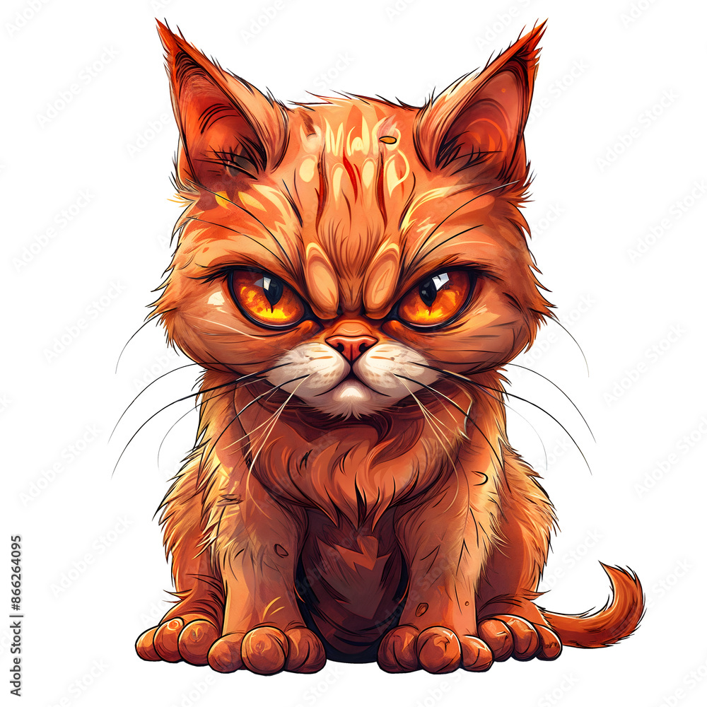 Grumpy orange cat with intense fiery eyes and a stern expression on ...