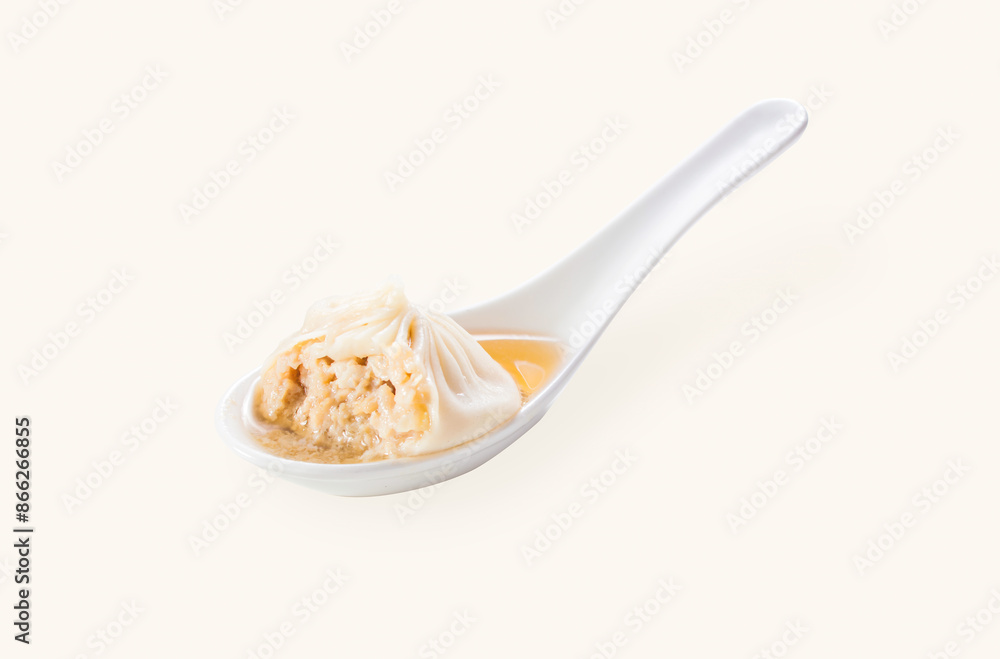 Chicken Xiao long bao steamed bun dumpling served in spoon isolated on ...