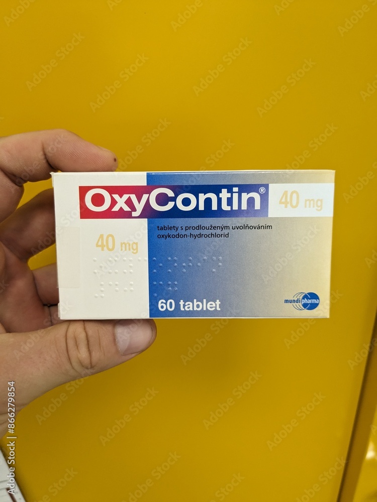 Prague,Czech republic-June 28 2024: OXY-CONTIN box of medication with ...