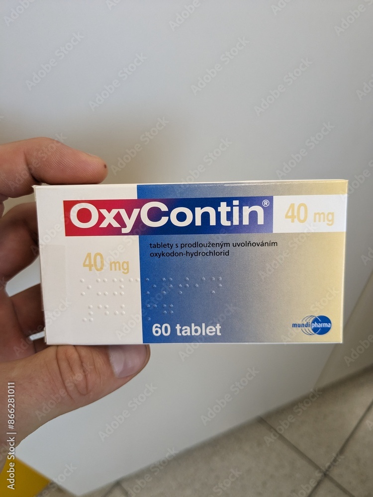 Prague,Czech republic-June 28 2024: OXYCONTIN box of medication with ...