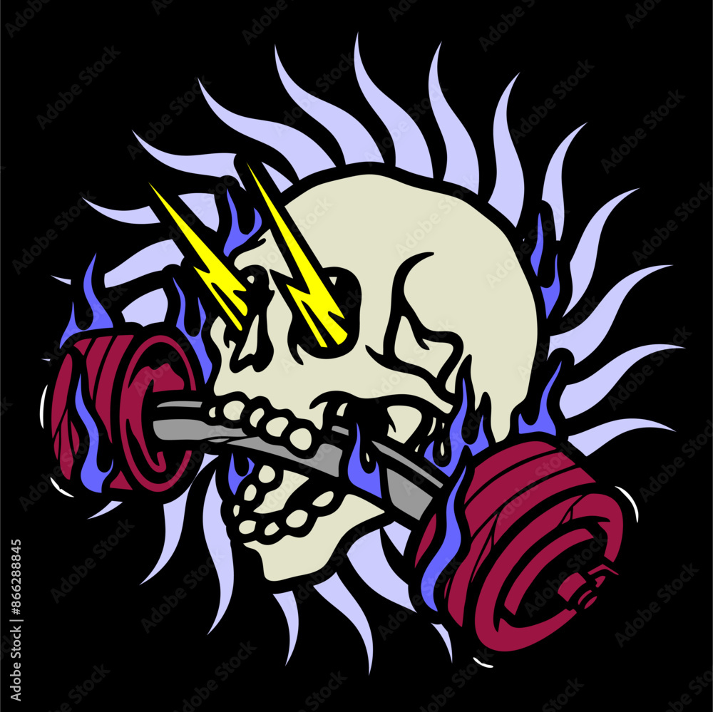 vector illustration tracing artwork of The skull bites the barbell and ...