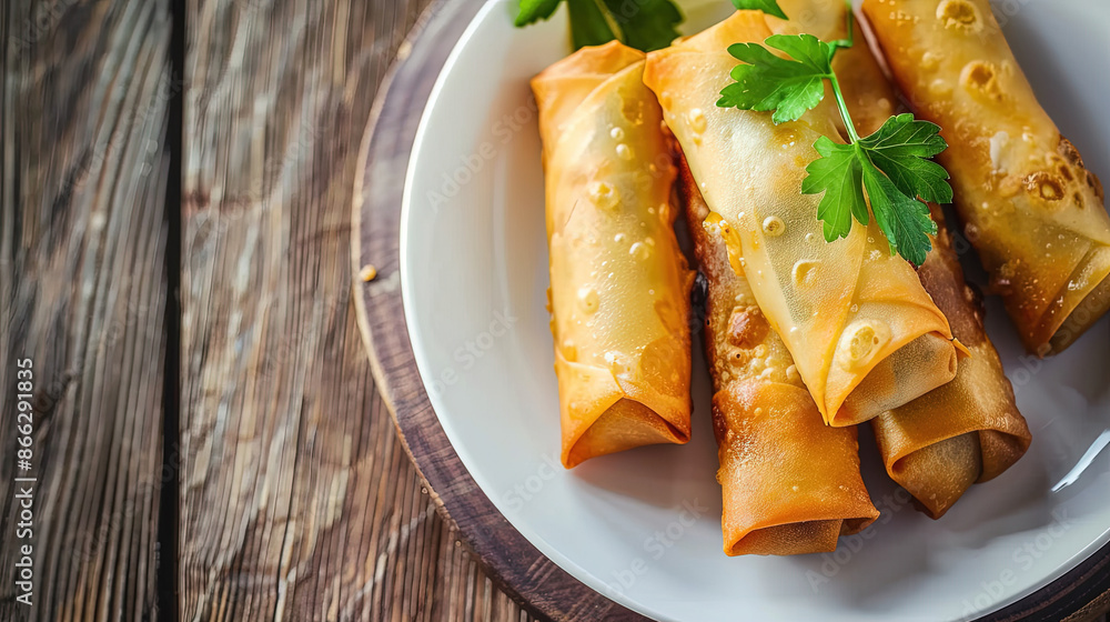 Traditional Indonesian egg rolls or lumpia on a white plate. Lumpia are ...