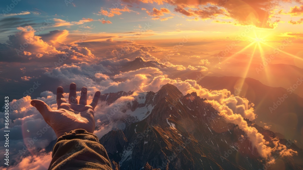 A hand reaching out over a mountaintop: A hand reaching out to the top ...