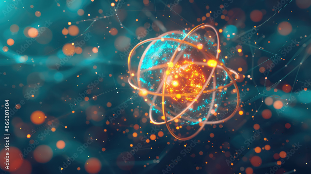 Atom model structure is rotating with orange nucleus and blue electrons ...