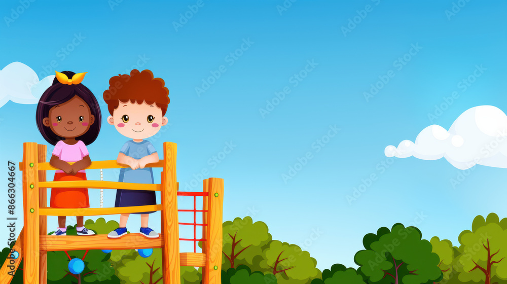 Cartoon kids playing on a vibrant playground, joyful recess, active ...