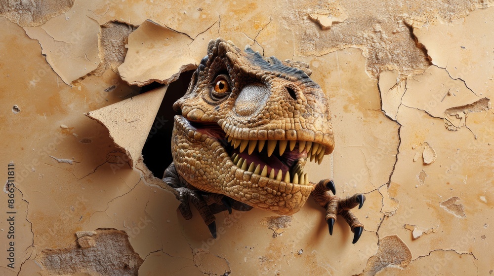 Cute T-Rex peeking out of a hole in wall, torn hole, empty copy space ...