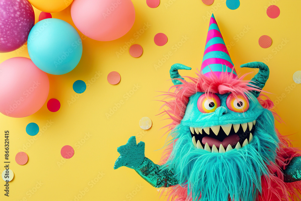 Vibrant and playful monster party scene with colorful character wearing ...
