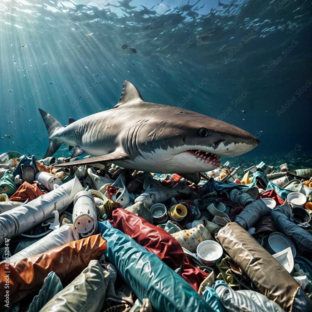 Plastic ocean pollution. Whale Shark filter feeds in polluted ocean ...