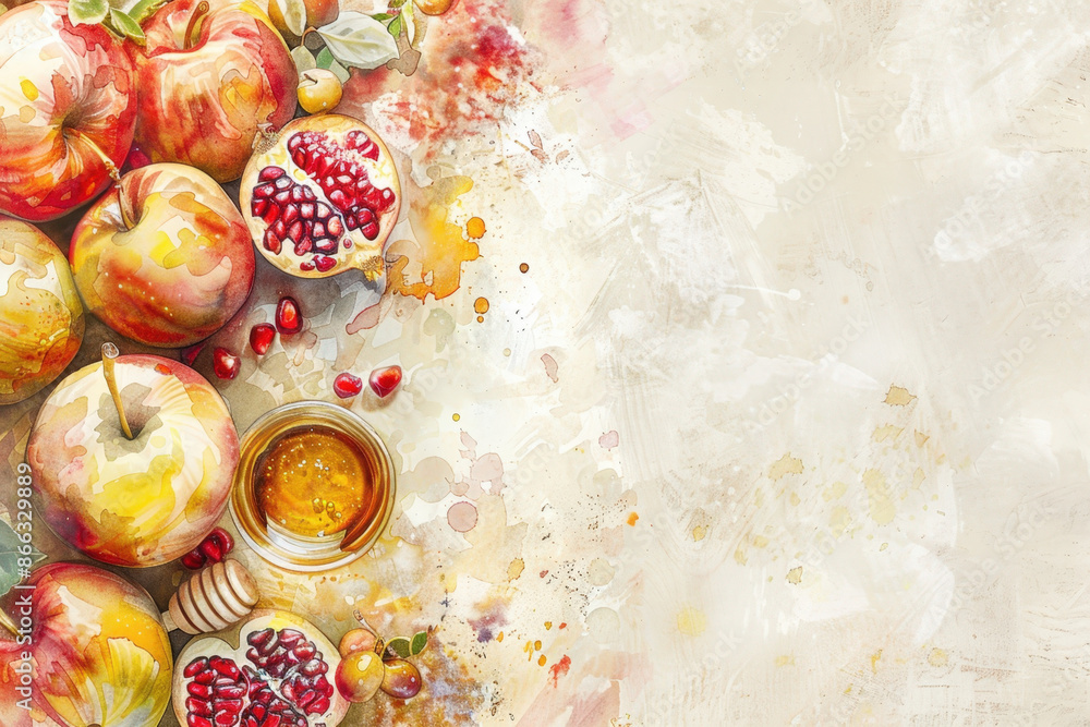 Watercolor painting depicting traditional rosh hashanah symbols ...