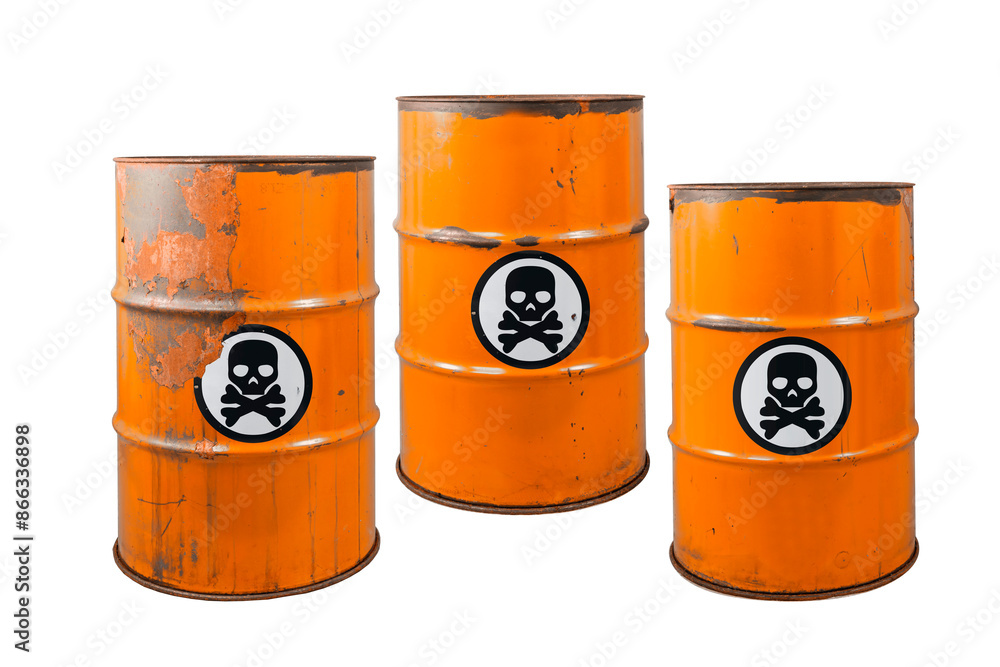 Barrel with toxic waste. Biohazard warning sign human skull with two ...