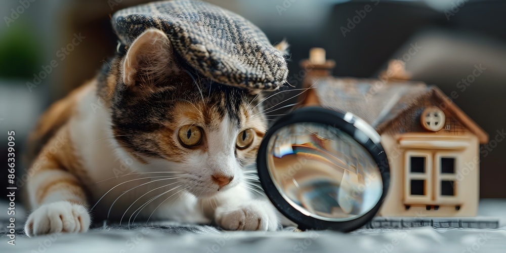 Small calico cat in detective hat with magnifying glass investigates ...