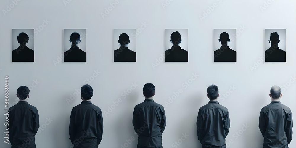 Police lineup for criminal identification with mugshots on a wall ...