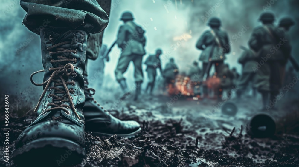 Dramatic battlefield scene with soldiers and military boots in focus ...