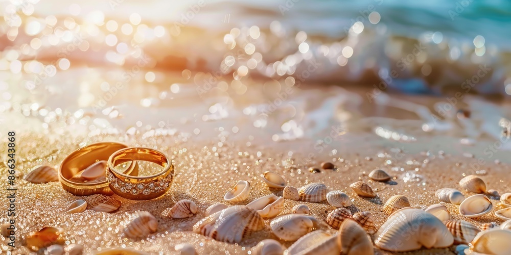 Gold wedding rings at the beach Banner design with copy space. Summer ...