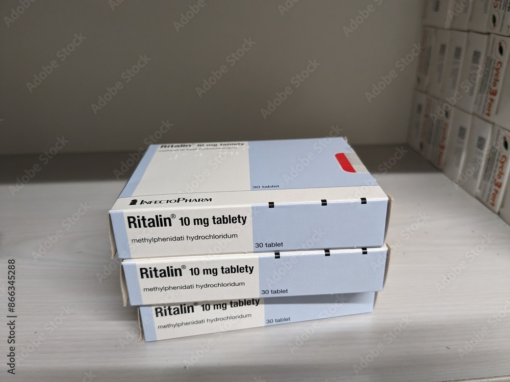Prague,Czech republic-June 28 2024:RITALIN box of medication with Methylphenidate active ...