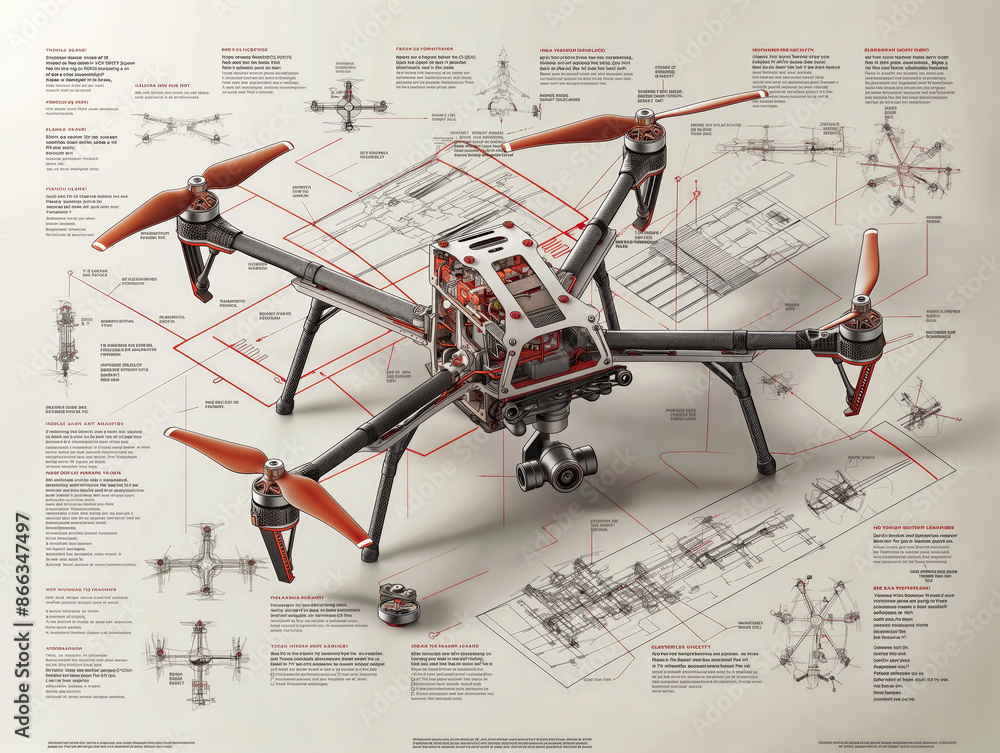 A detailed diagram of a drone is displayed, showcasing its components, structure, and technical ...
