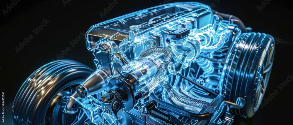 Car engine with components highlighted, fuel efficiency, mechanical ...