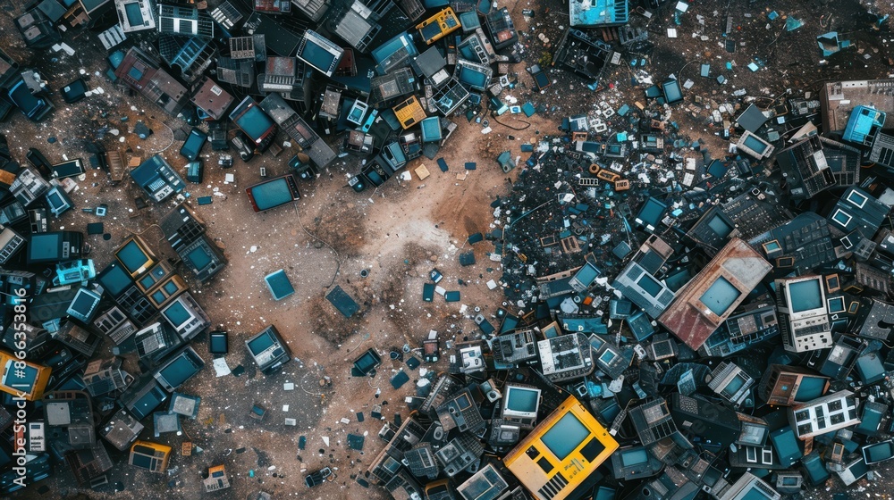 E-waste dump with visible battery piles, electronic pollution, global ...