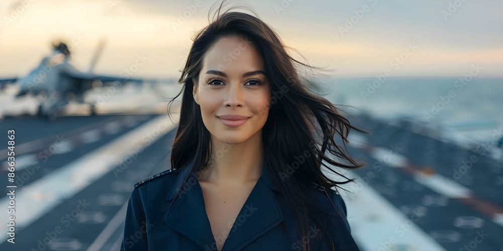 Brunette woman in military uniform on aircraft carrier. Concept ...