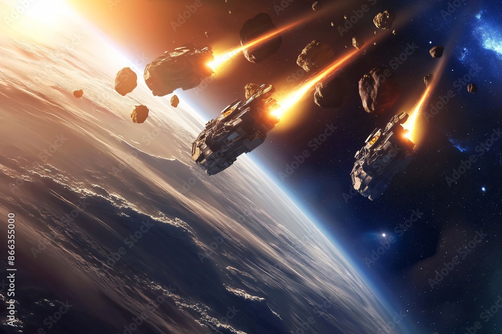 Spaceships are using their thrusters to deflect asteroids and protect earth from a catastrophic ...