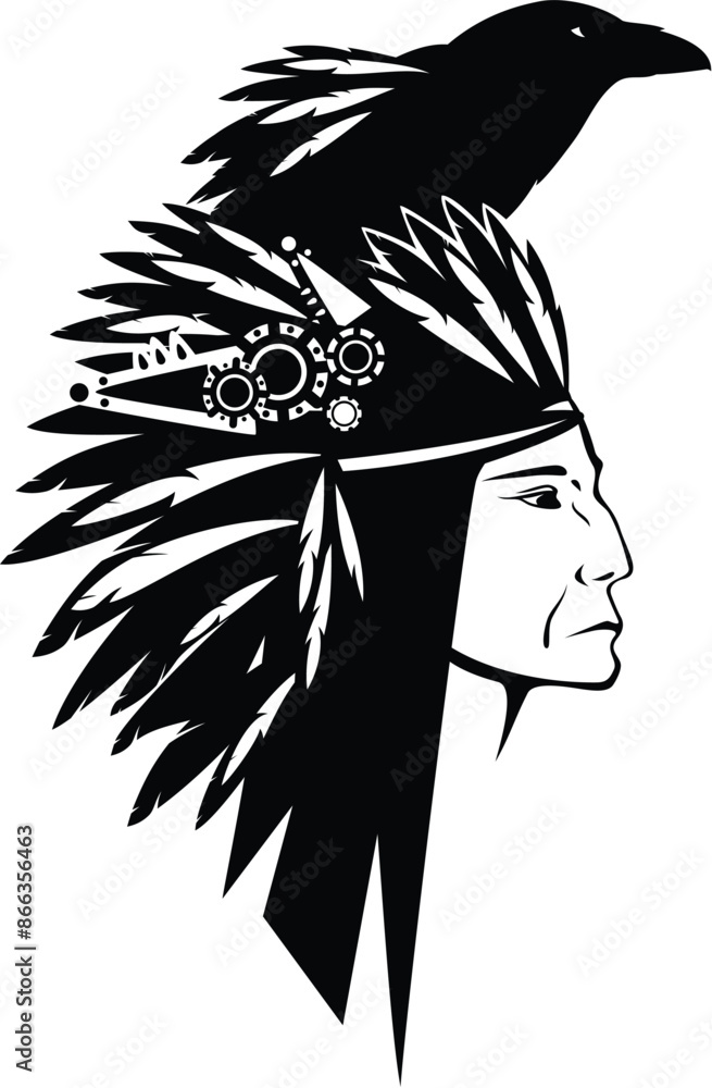 native american tribe chief shaman wearing feather headdress with raven ...