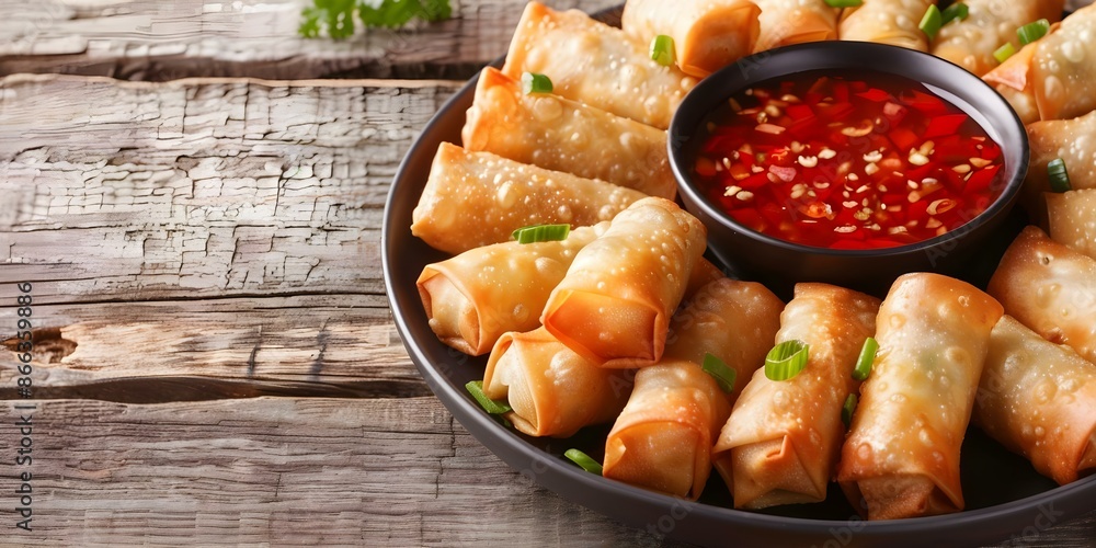 Filipino lumpia with savory filling and sweetsour dipping sauce ...