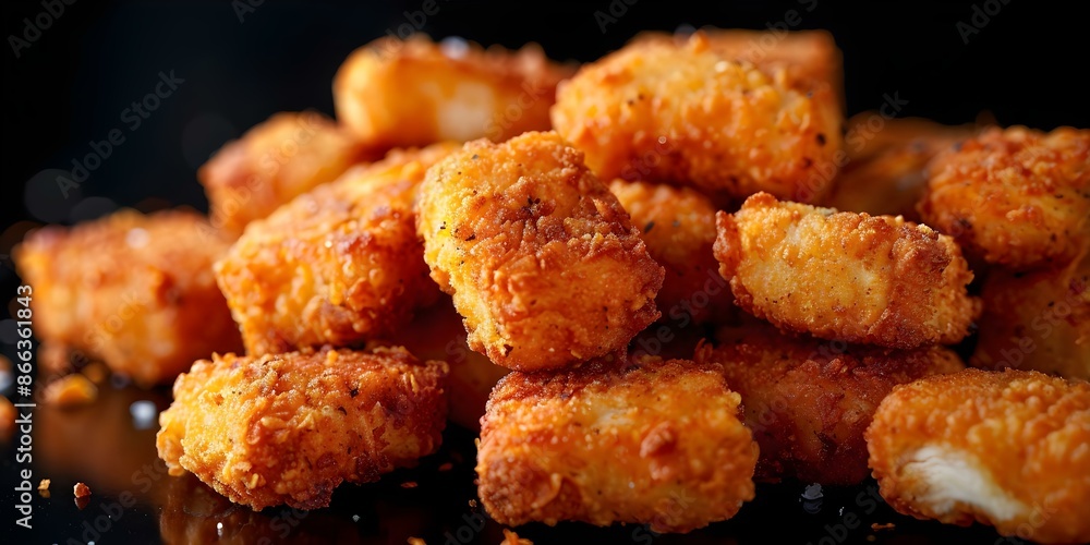 Freshly fried boneless chicken nuggets on black background in closeup ...