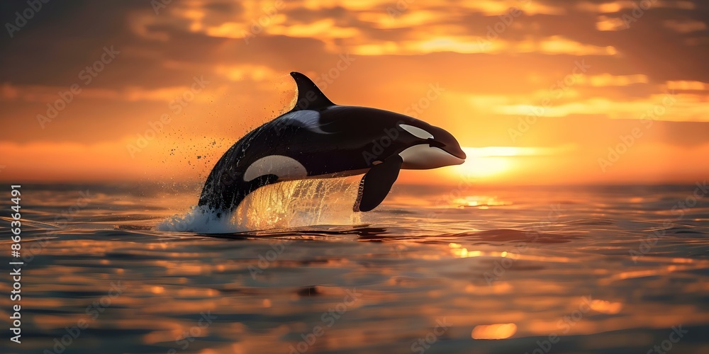 Orca whale leaping out of water against sunset backdrop. Concept Orca ...