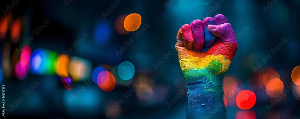 Image of a raised fist with rainbow colors as a symbol of the fight for ...