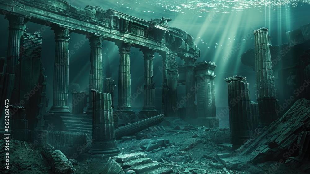 Lost city of Atlantis. Ancient city ruins. Water, ocean, sea ruins ...
