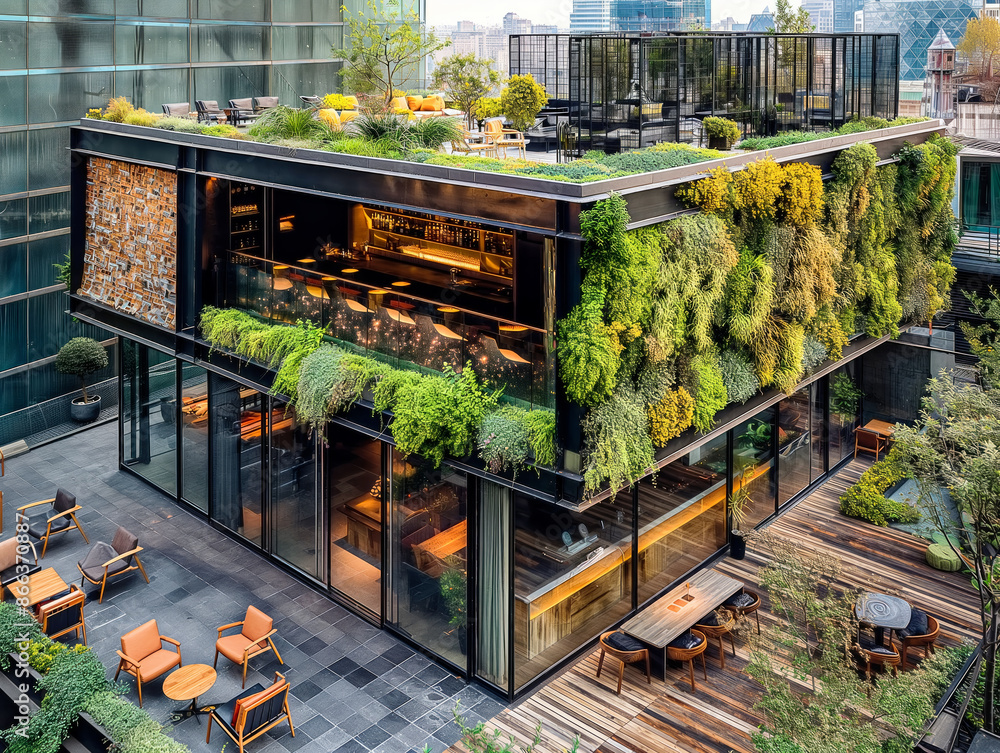 A modern hotel rooftop garden features a rooftop bar and lounge area ...