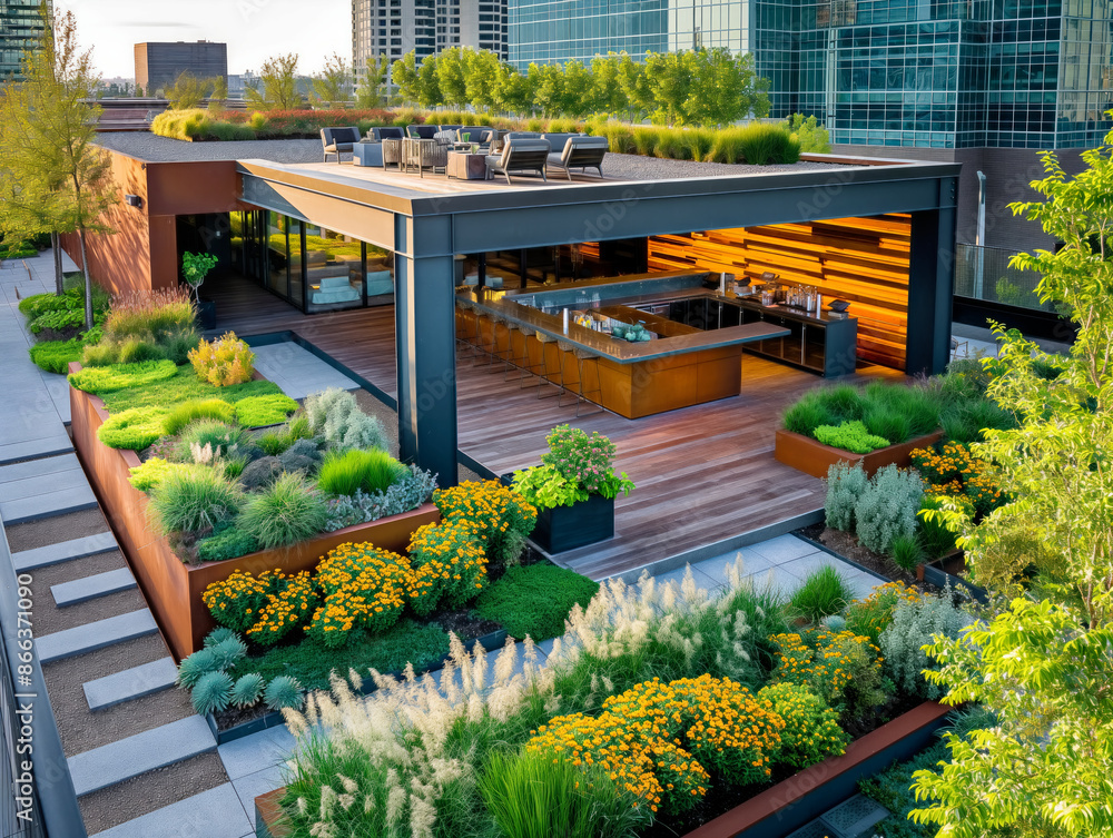 A rooftop garden with lush greenery and vibrant flowers surrounds a ...