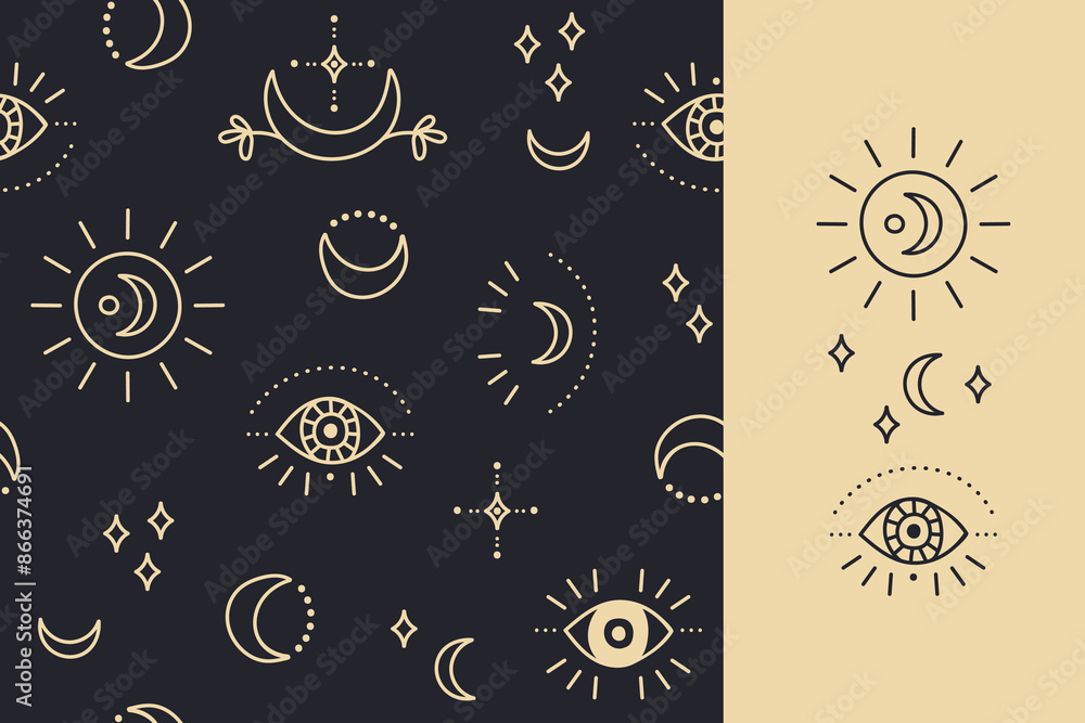 Vector seamless pattern with boho magic elements set. Retro background ...