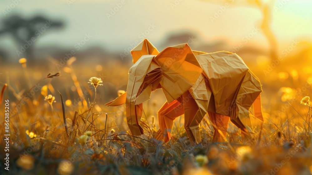 Origami elephant in the Savannah, poaching and over hunting concept ...