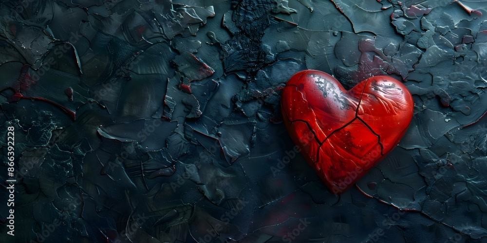 Dark retro background with a broken red heart and strong emotions ...