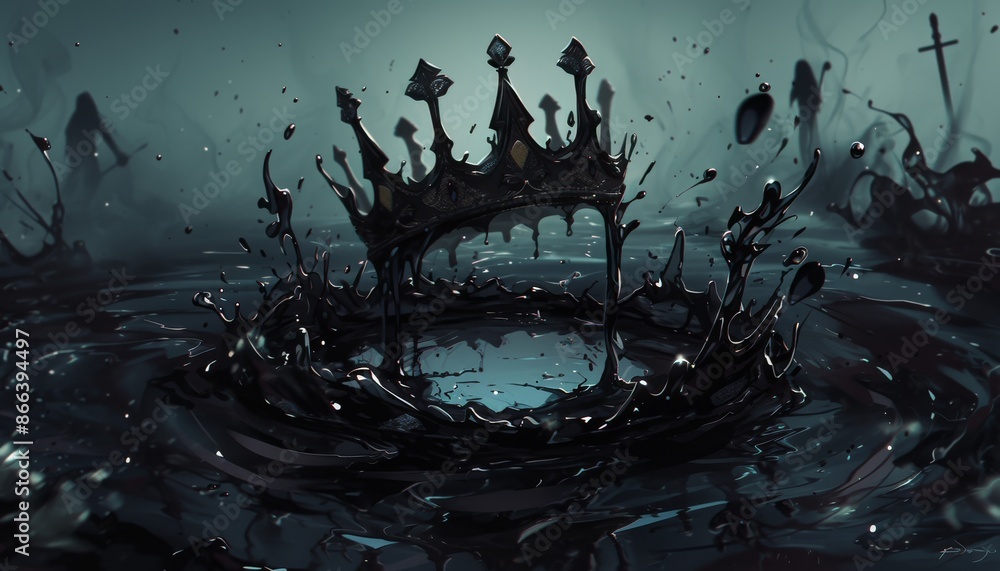 The dark silhouette of a fallen crown in a puddle of mud. The fall of ...