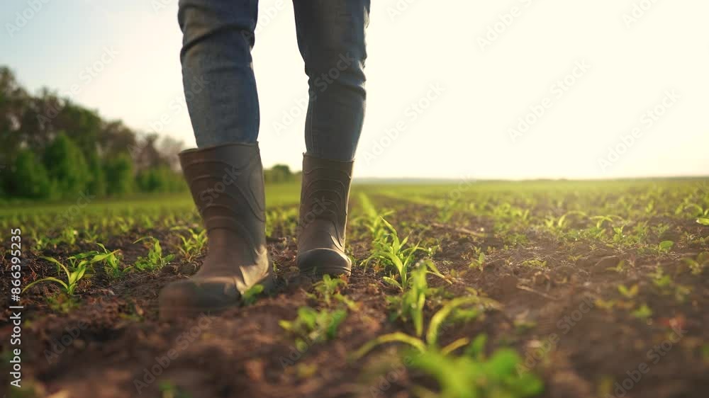 Farmer walking corn sprouts in field. agriculture a business concept ...