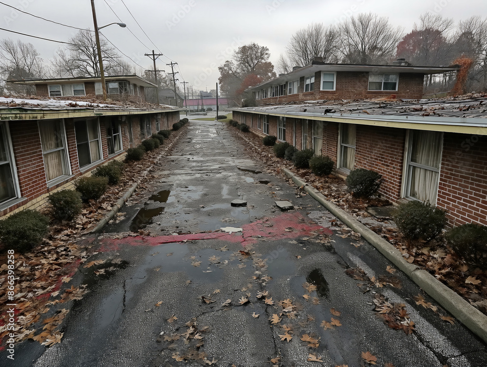 A rundown motel with cracked pavement and fallen leaves is depicted ...