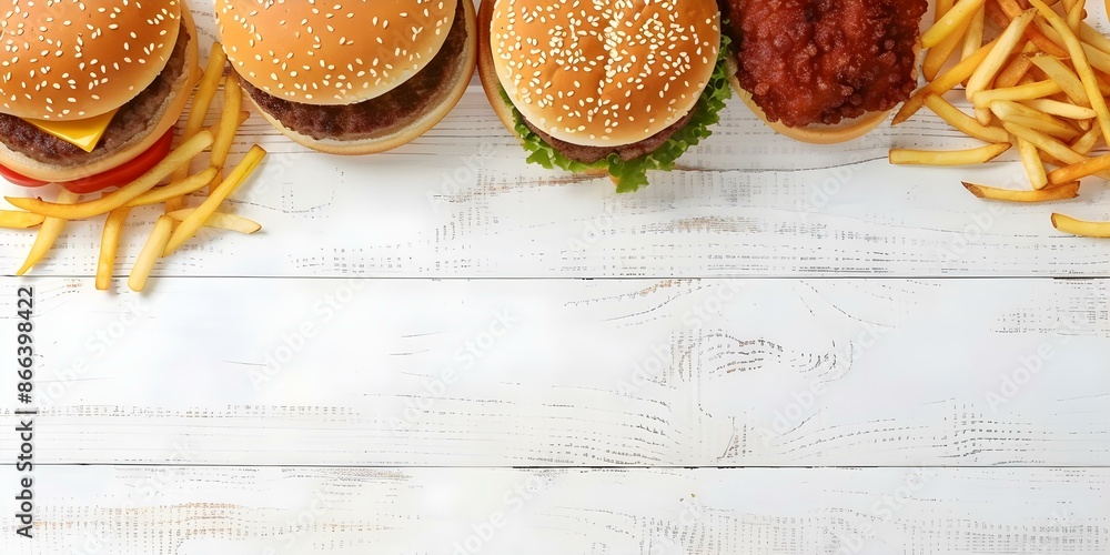 Top view of junk food border on white wood banner background. Concept ...