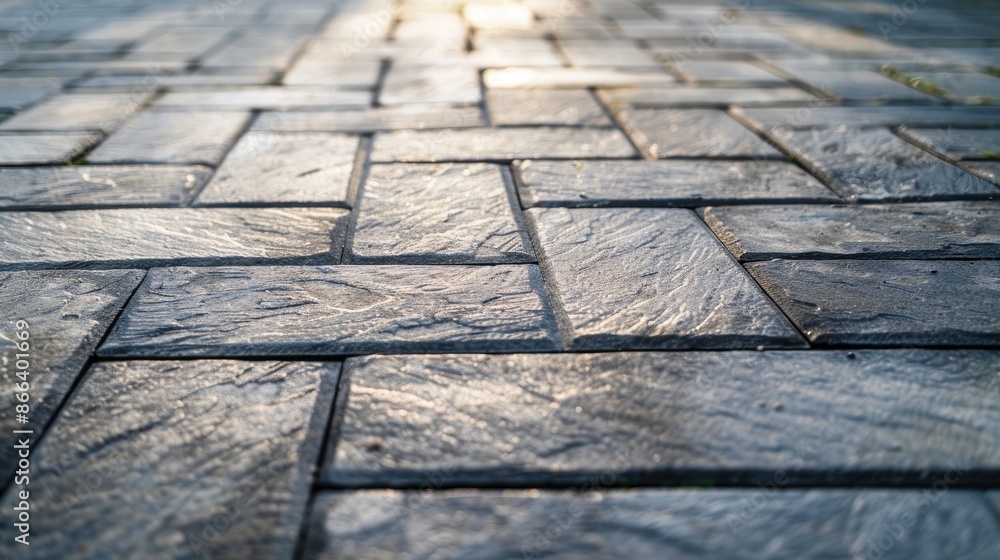 Texture of gray rectangular paving slabs in close up depicting ...