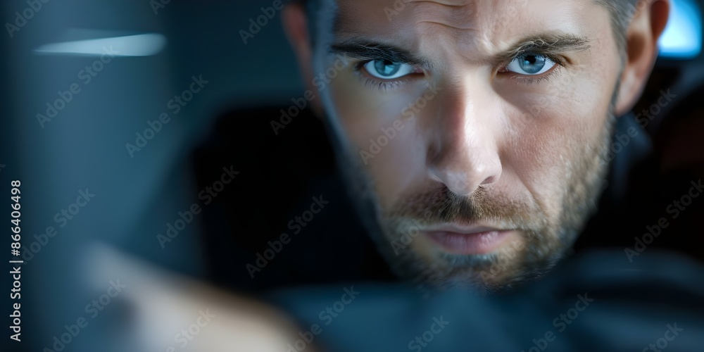 Young handsome police officer in uniform investigating crime in office ...