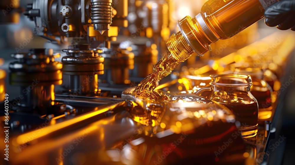 golden clear engine oil production poured into glass bottles Stock ...