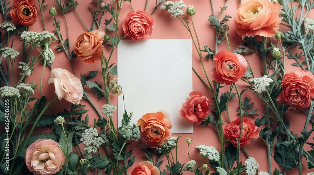Blank card surrounded by peach ranunculus flower arrangement on peach ...