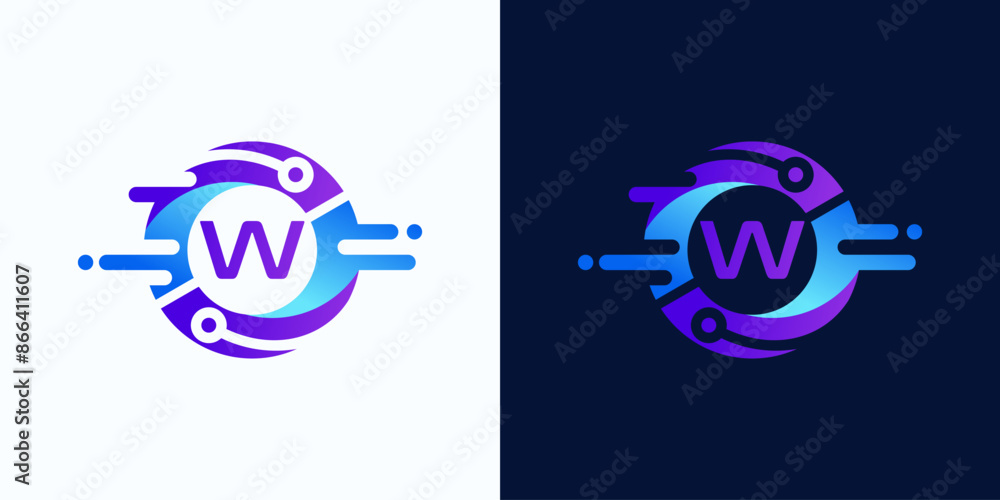 Circle technology logo with letter W inside with circuit dots for ...