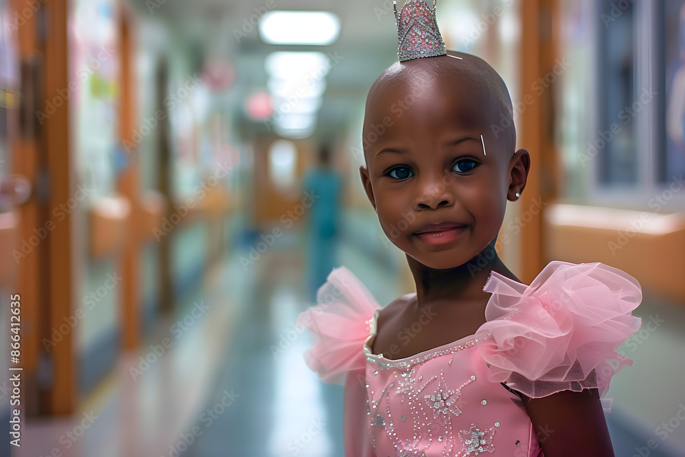 Cancer Survivors Day, bald black child in a pink princess dress in a ...