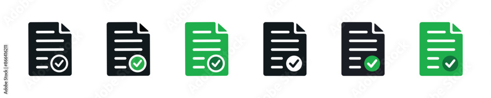 Set icon document with checkmark. Paper file icon. Page and note signs ...