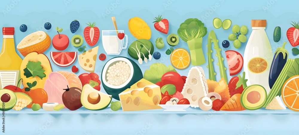 1. A comprehensive diagram showcasing a variety of healthy foods in a ...