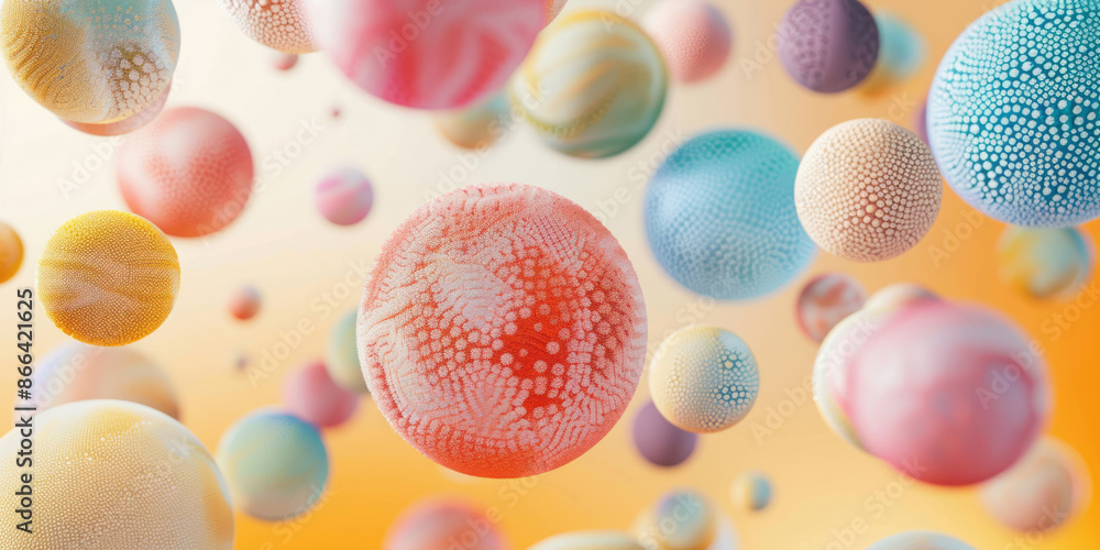 Colored spheres with a texture resembling skin are suspended in the air ...